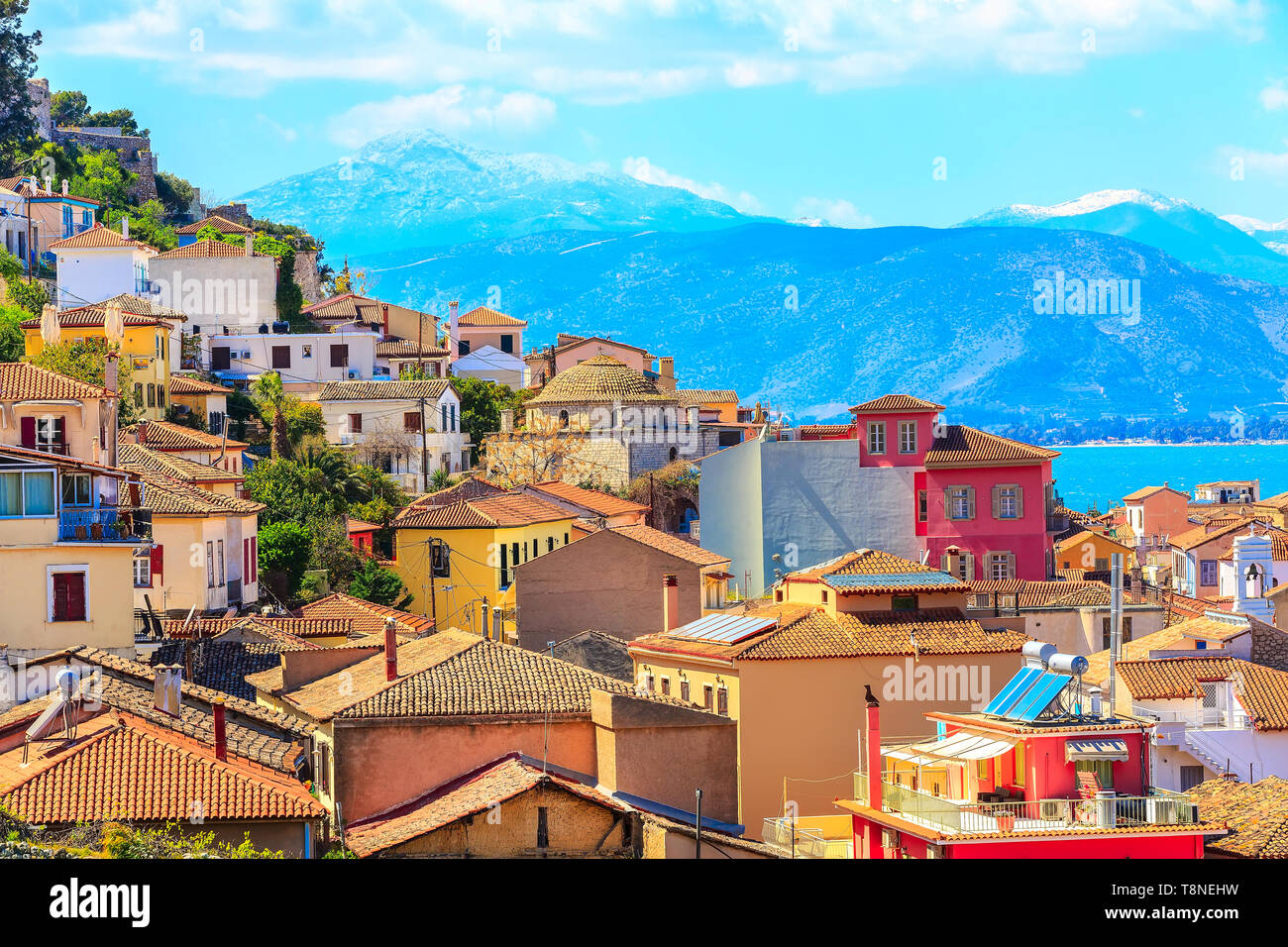Nafplio or Nafplion, Greece, Peloponnese old town houses aerial ...