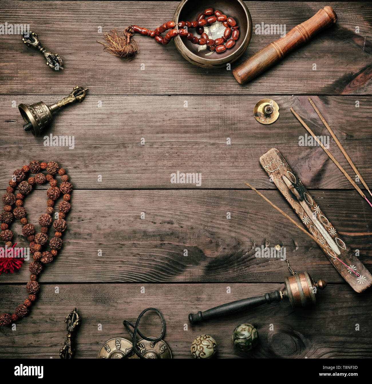 Copper singing bowl, prayer beads, prayer drum and other Tibetan ...