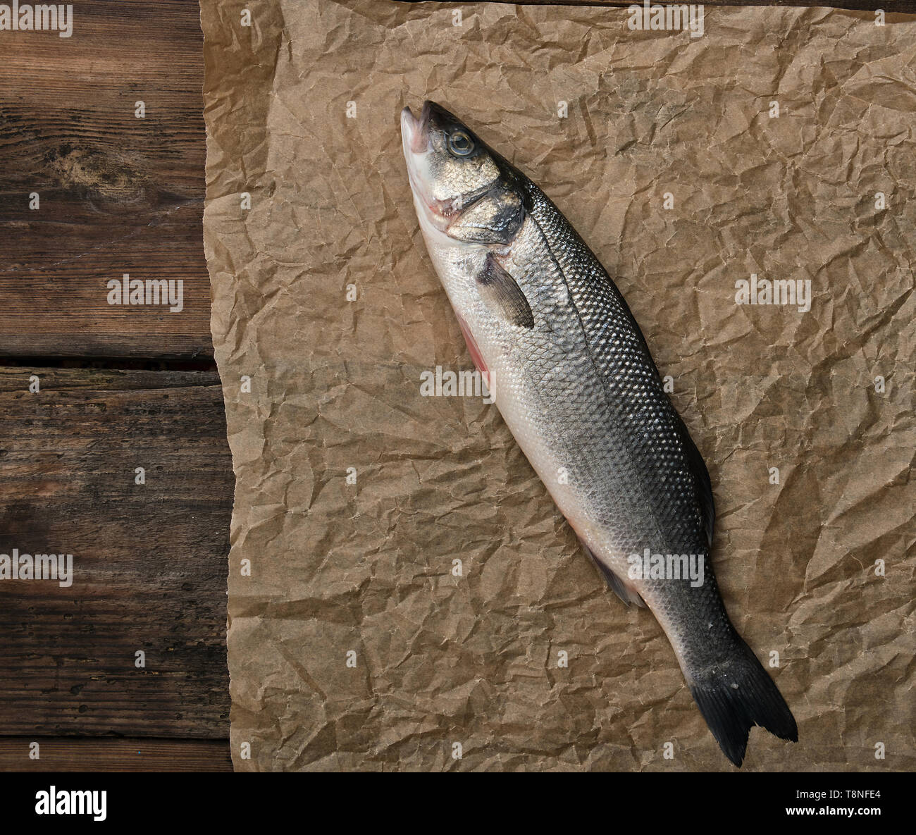 fresh whole sea bass fish on brown crumpled paper, top view, copy space ...