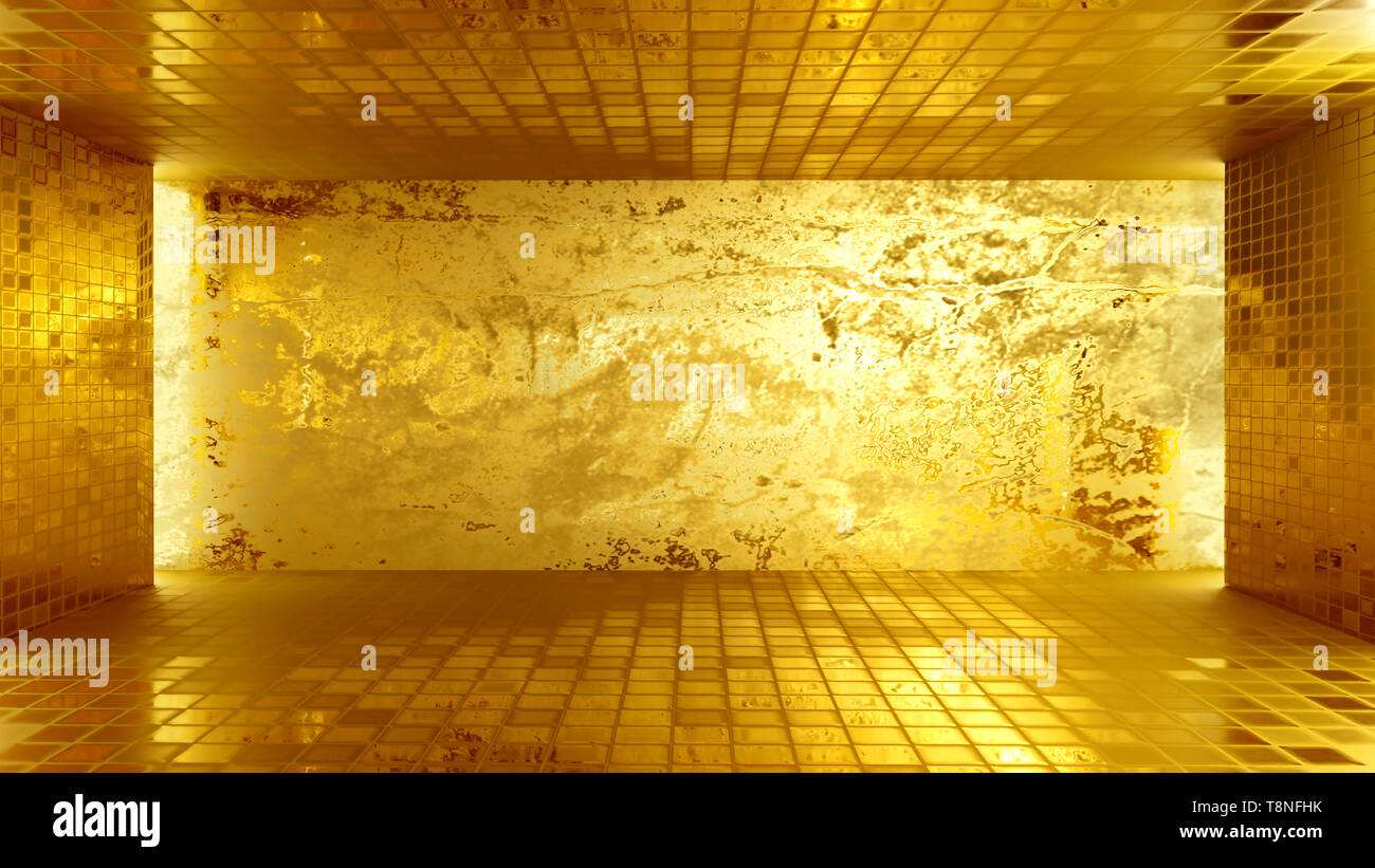 White tiles blank room and golden wall interior glossy and lighting ...