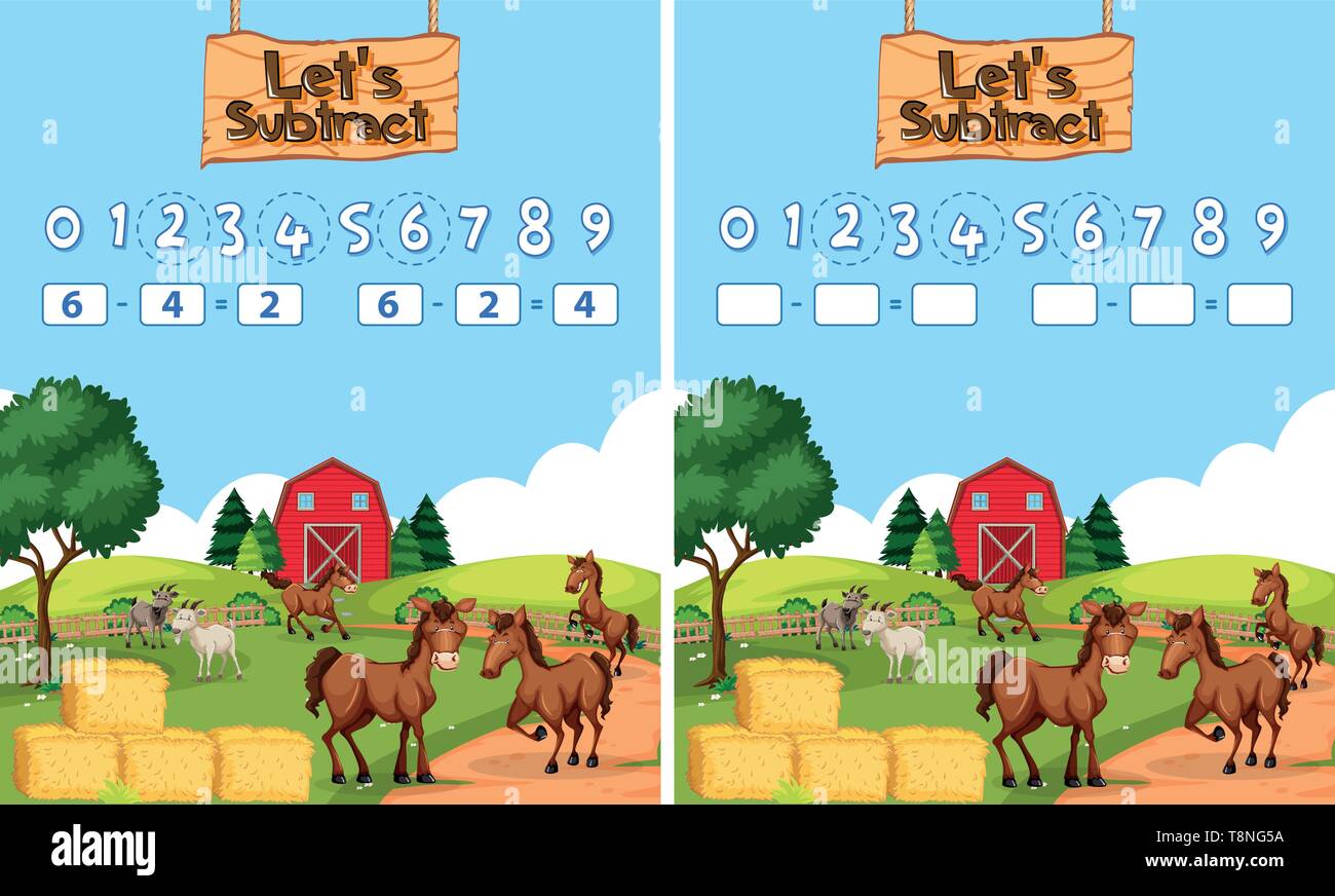 Math subtraction worksheet farm theme illustration Stock Vector Image ...