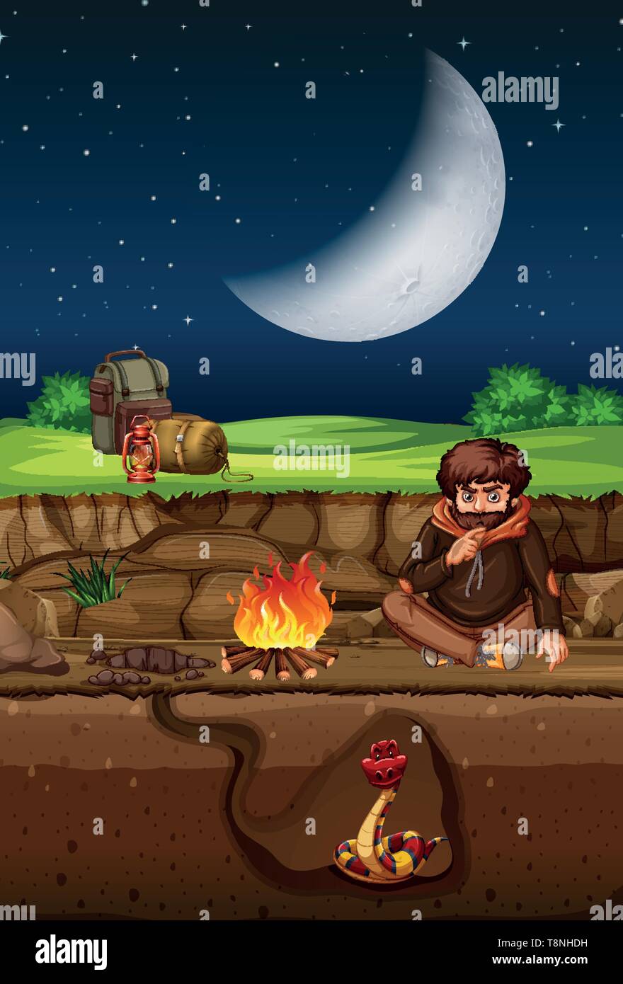 Man camping and snake undergound scene illustration Stock Vector Image ...