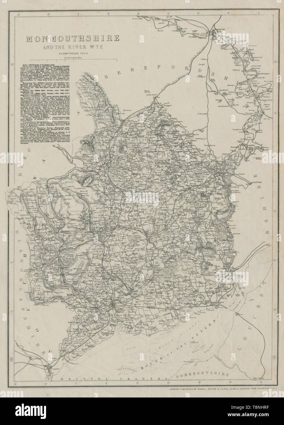RIVER WYE VALLEY and MONMOUTHSHIRE antique county map. Railways. WELLER ...