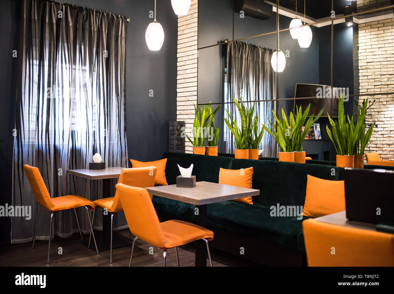 Small city cafe interior with green plants and orange furniture Stock ...