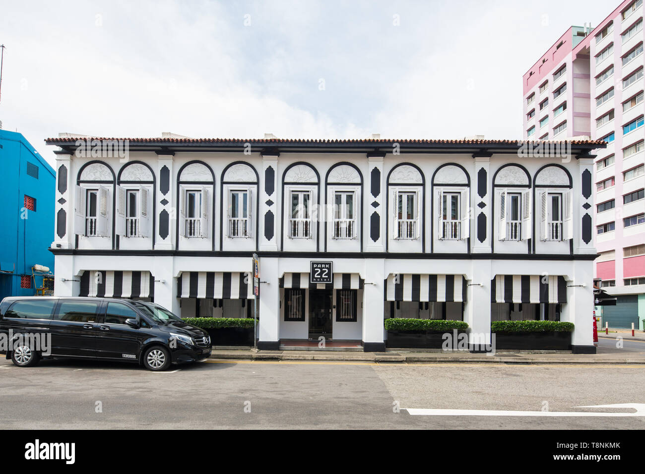Front view shophouse architecture of Park 22 Hotel at Little India ...