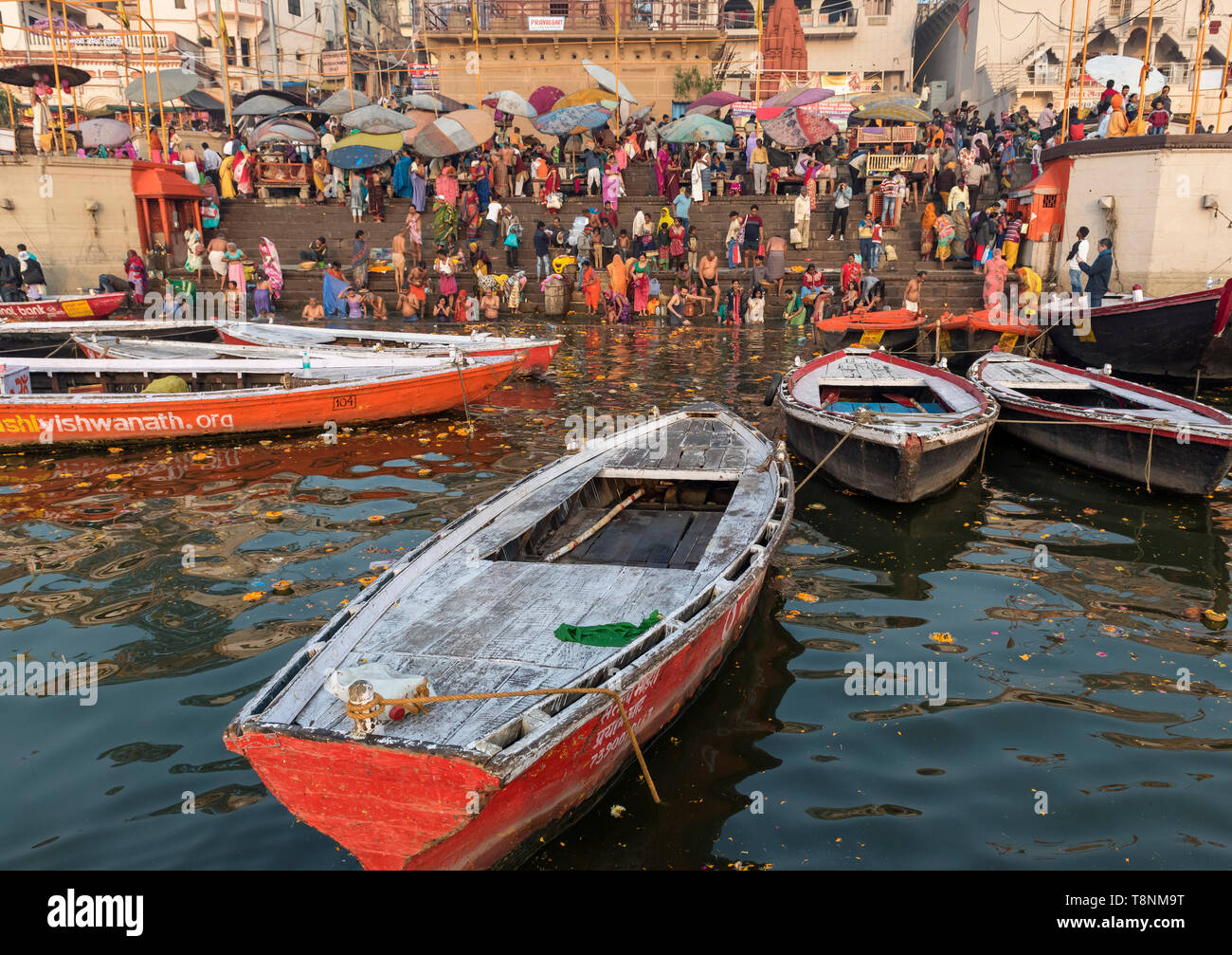 Tourist boats on the River Ganges near the Prayag ghat, Varanasi, India ...