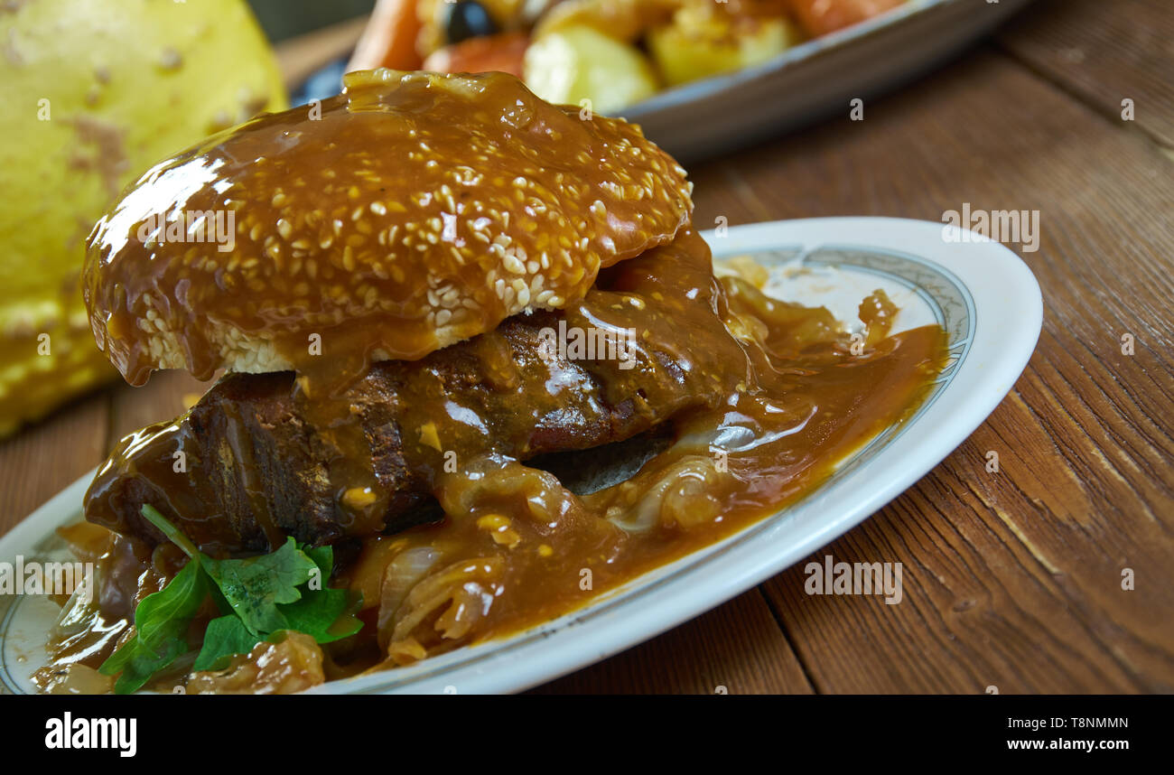 Bofsandwich - Danish steak sandwich, hamburger cooked ground beef patty ...