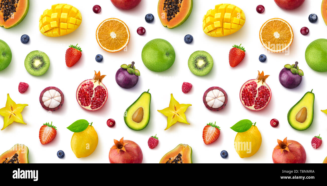 Seamless pattern of different fruits and berries, flat lay, top view ...