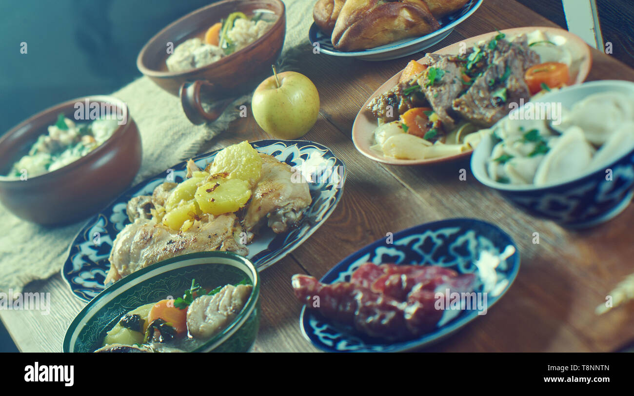 Tatar national cuisine, Traditional assorted Asia dishes, Top view ...