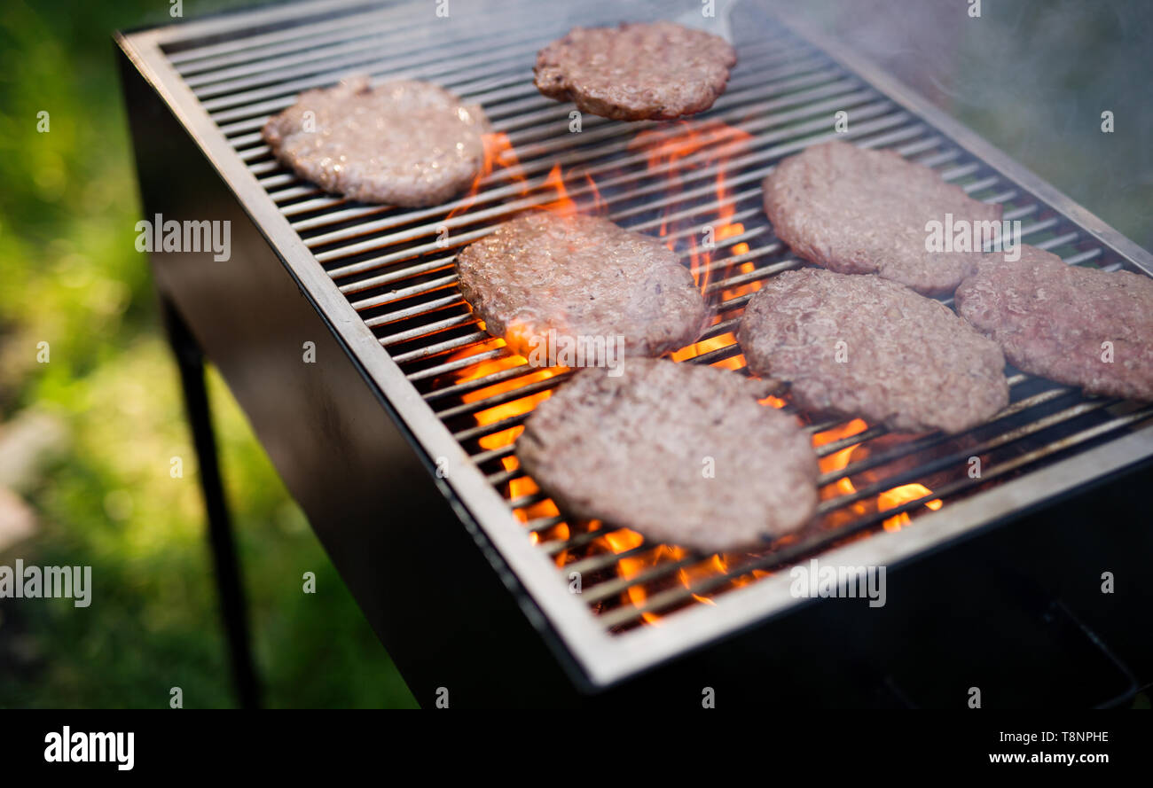 Delicious assorted grilled meat with vegetables over the coals on ...