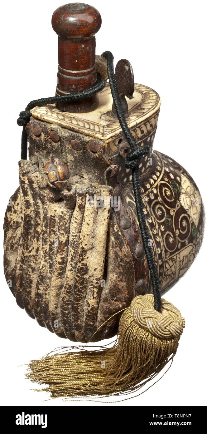 A Silesian bone-inlaid powder flask with bullet pouch, dated 1607 ...
