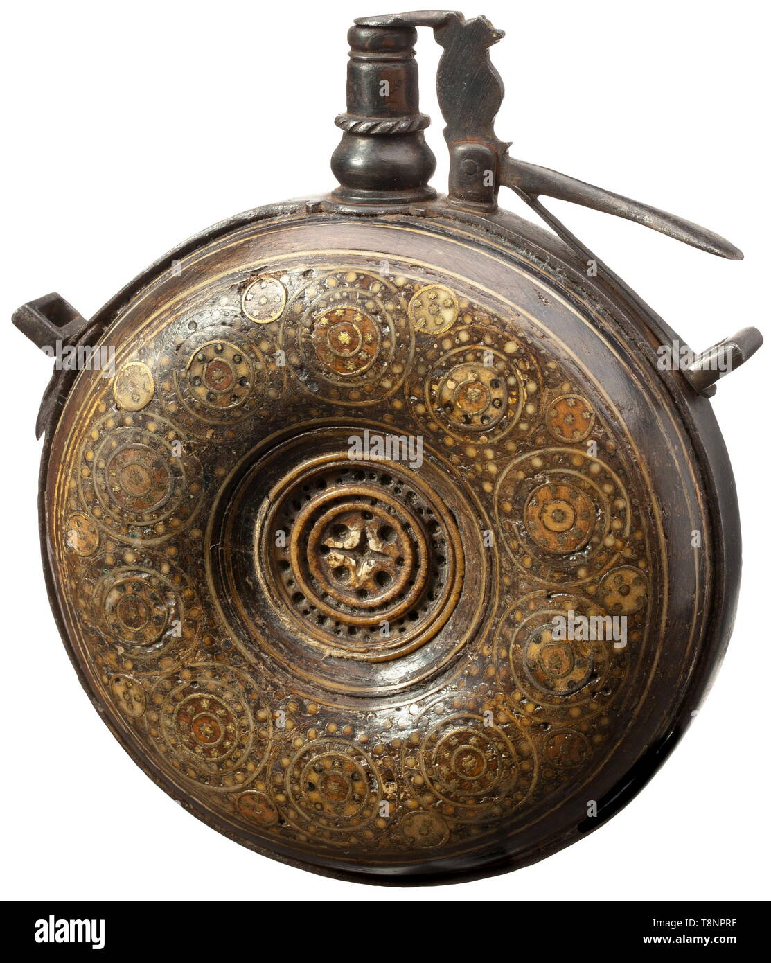 An inlaid powder flask, Cieszyn, circa 1620 A circular wooden flask ...