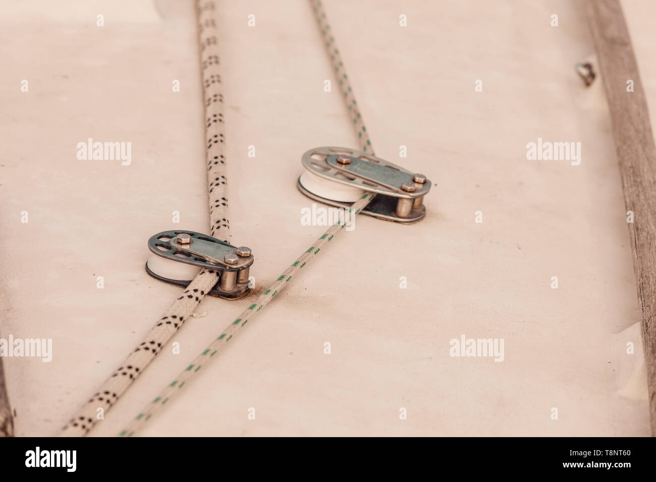 Detailed closeup of rigging on sail boat during cruise. Marine objects ...