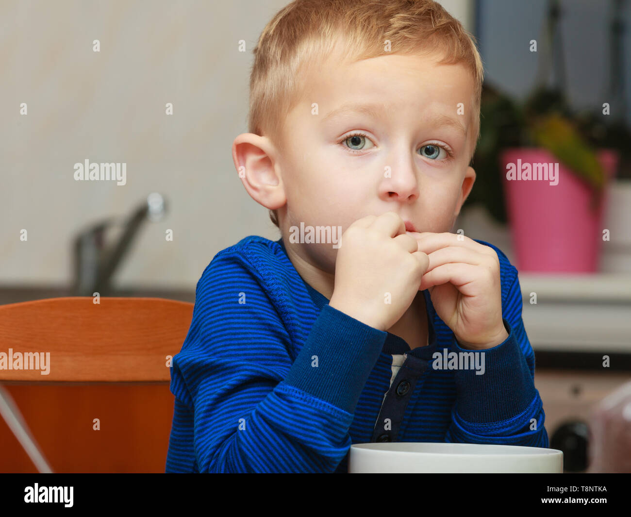 Morning routine in family, healthy diet for children concept. Kid boy ...