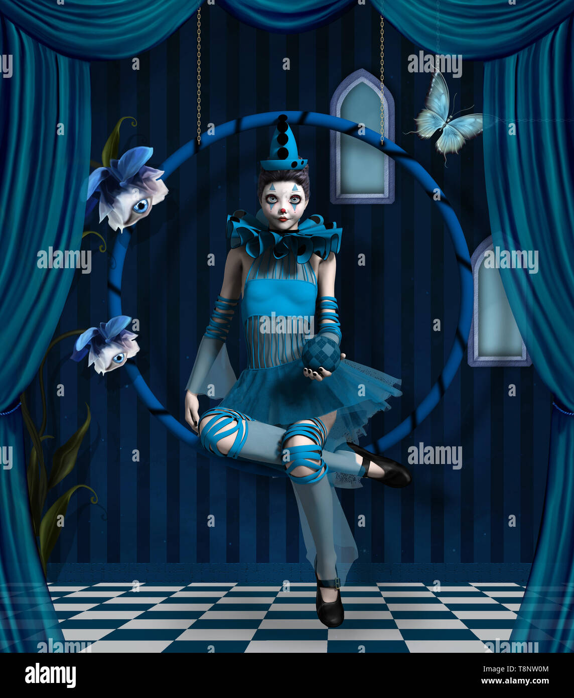 Blue clown on a surreal blue stage Stock Photo - Alamy