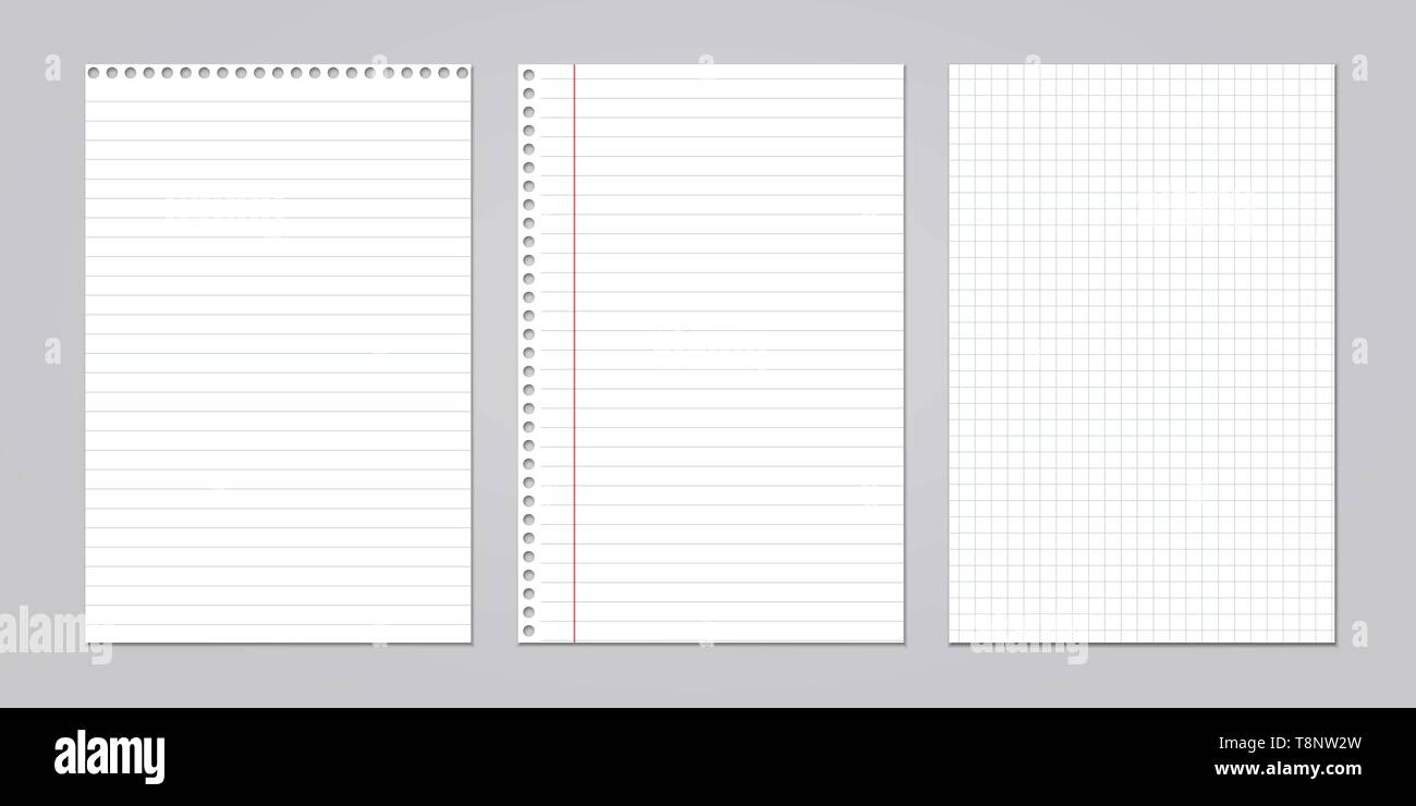 Set of note, notebook lined, squared paper stuck on grey background ...