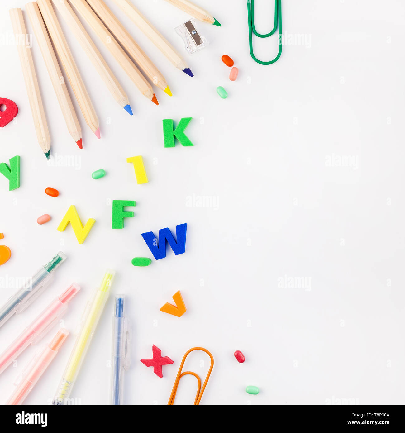 Square flat lay back to school concept with color school and office ...