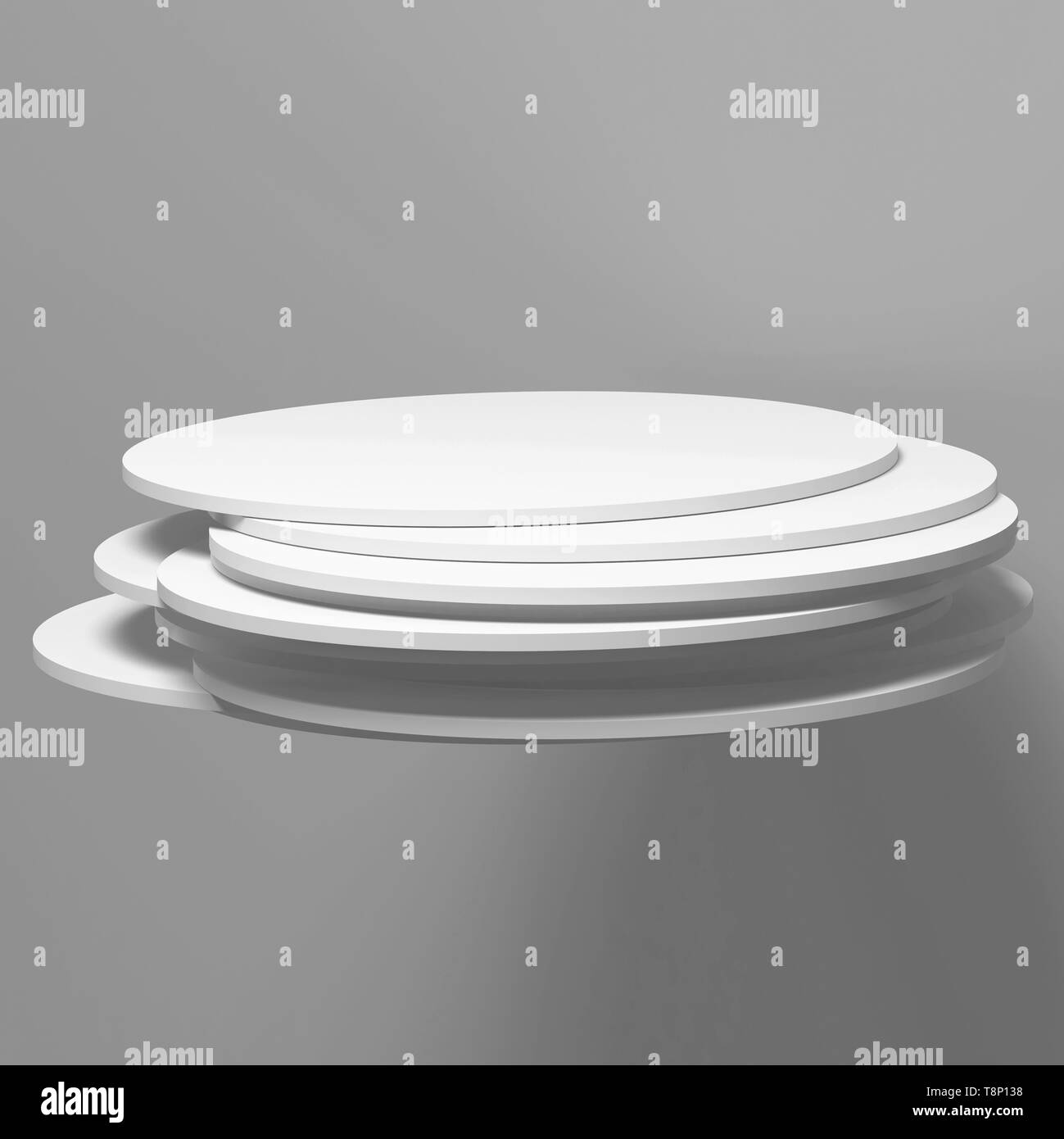 Minimalism, installation of random shifted gray discs, abstract white ...