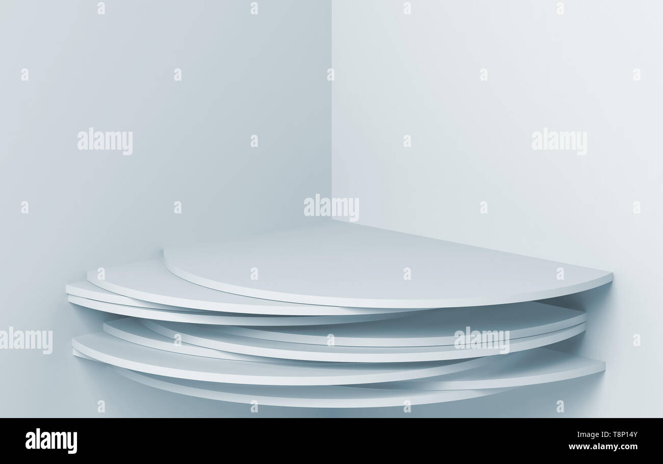 White round shelf installation in empty corner, 3d render illustration ...