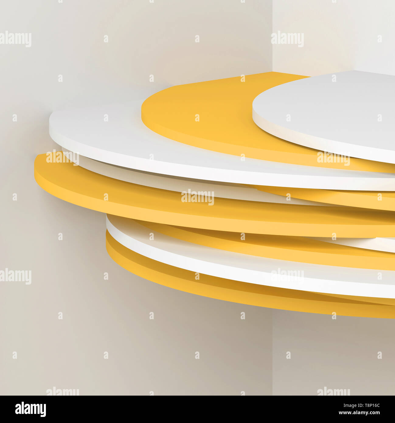 Yellow cylindrical shelf installation in empty white corner, 3d render ...