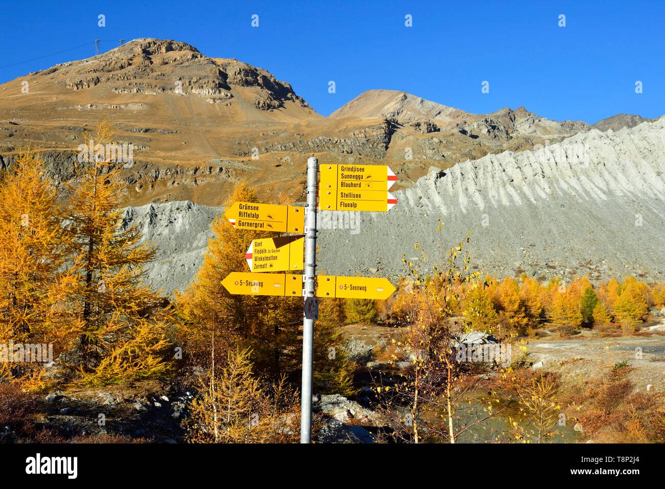 Switzerland, canton of Valais, Zermatt, Paths and signs of hikes Stock ...