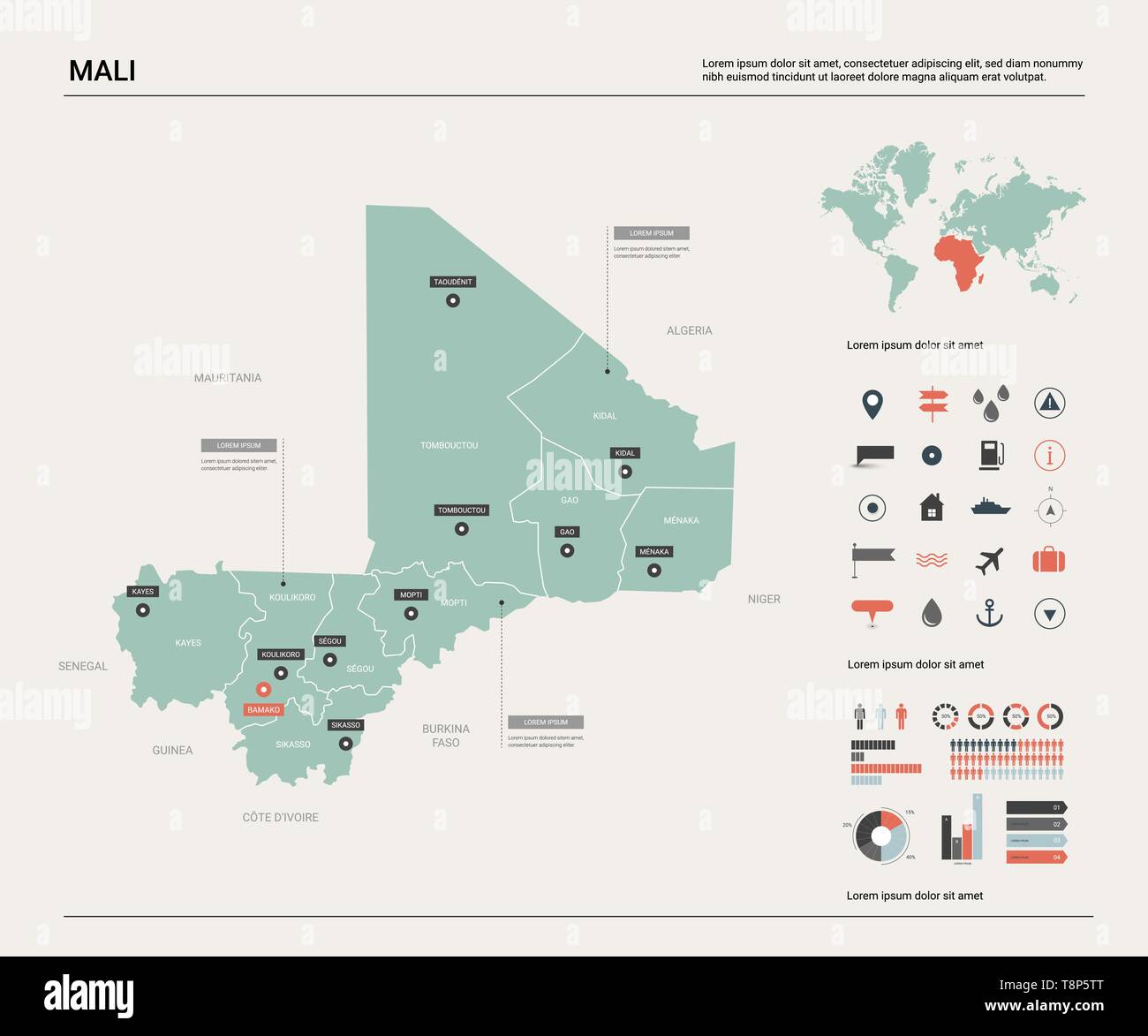 Vector map of Mali. Country map with division, cities and capital ...
