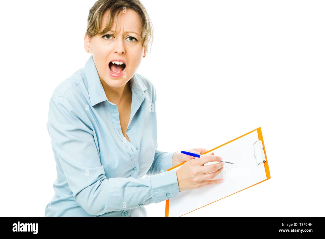 Business woman checking notes and behave emotionally - boss inspection ...