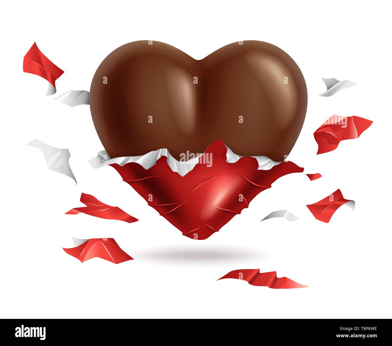 Chocolate heart in torn red foil pack, valentines day candy, sweet gift ...