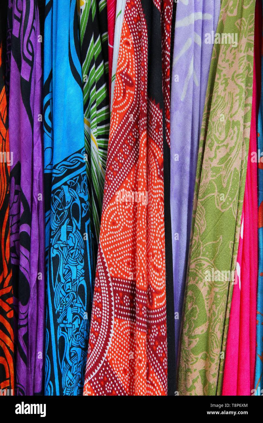 Colorful scarves at a market in Greece. Colors of textiles Stock Photo ...