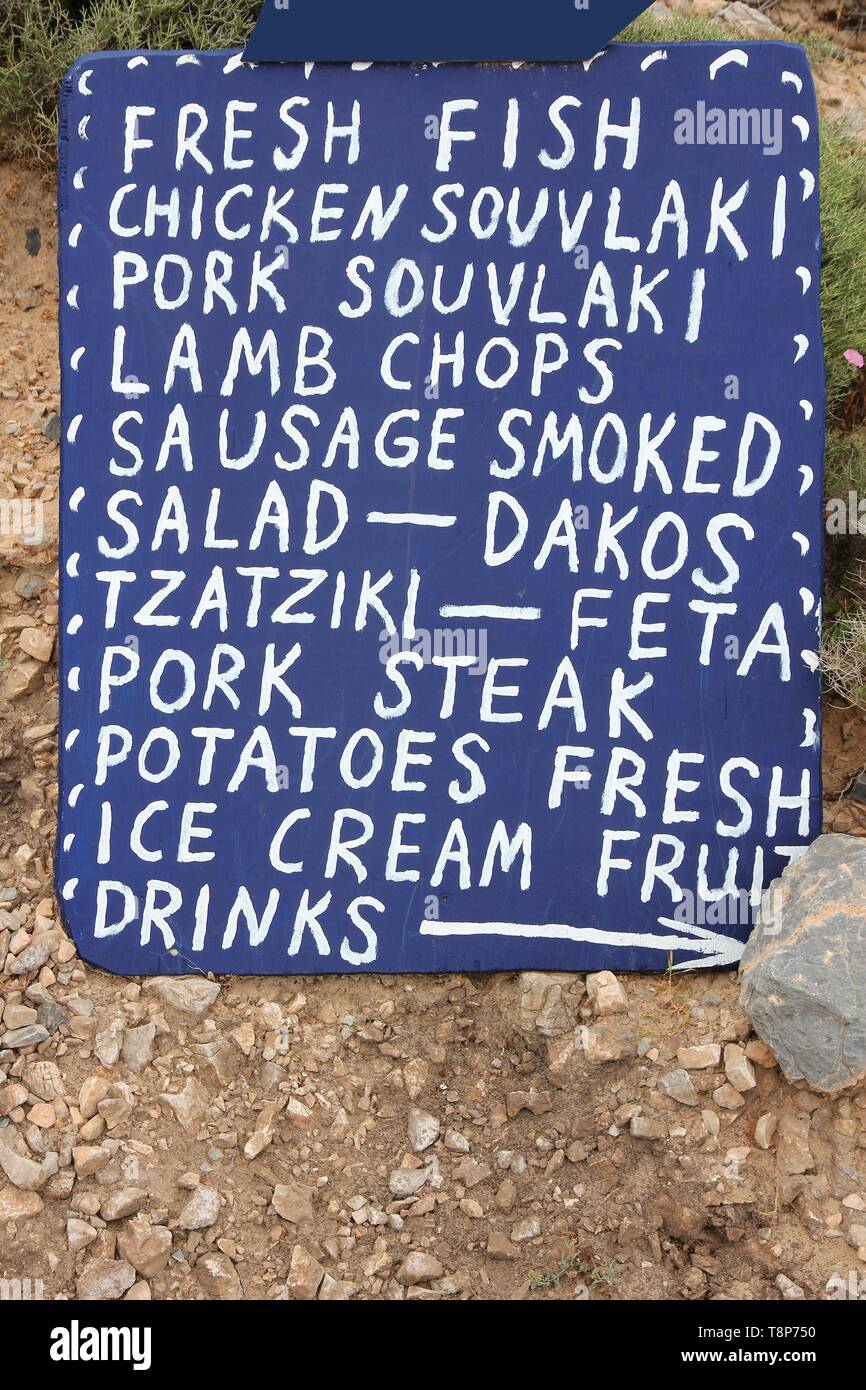 Greek cuisine menu. Restaurant sign in Crete island - outdoor bar in ...