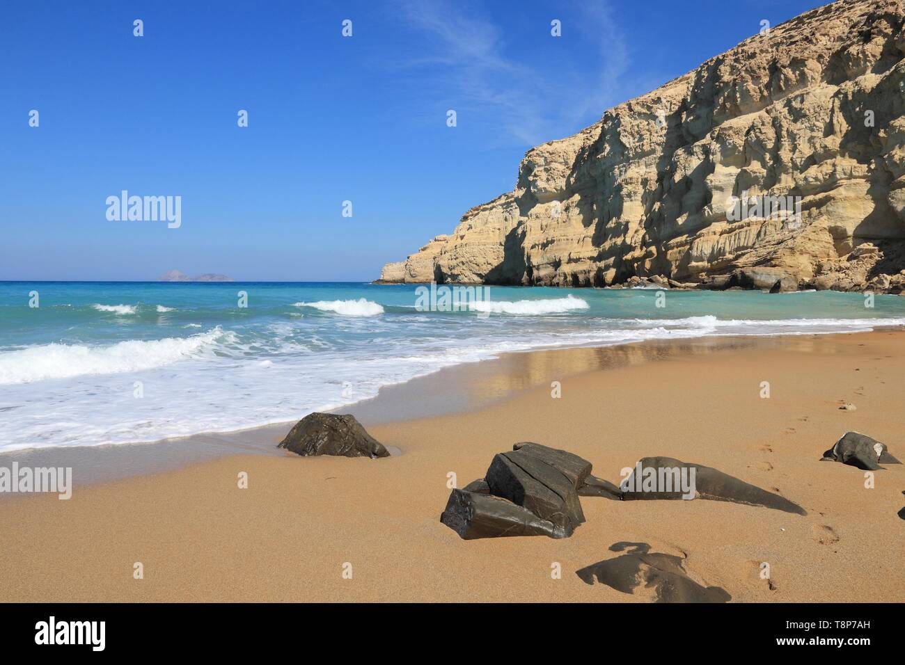 Greek island landscape. Matala Red Beach in Crete island, Greece Stock ...