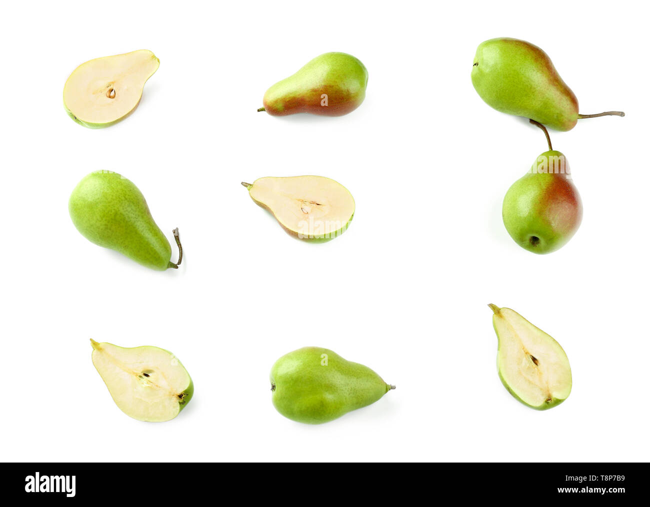 Whole and cut ripe pears on white background Stock Photo - Alamy