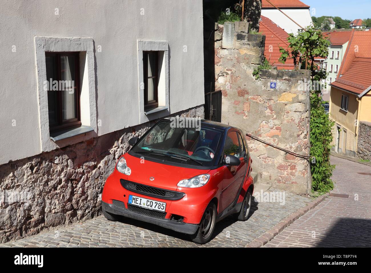 MEISSEN, GERMANY - MAY 5, 2018: Red Smart Fortwo mini city hatchback ...