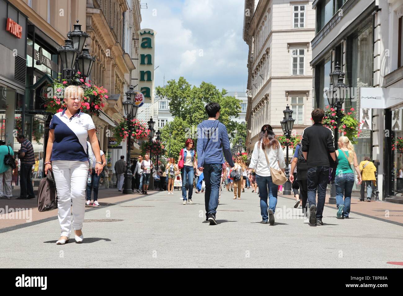 BUDAPEST, HUNGARY - JUNE 22, 2014: People visit Vaci Street in Budapest ...