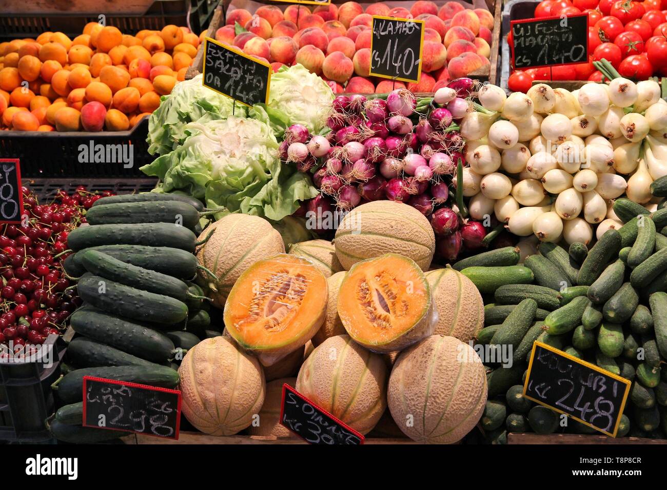 Food market in Budapest, Hungary (Great Market Hall). Fresh produce ...