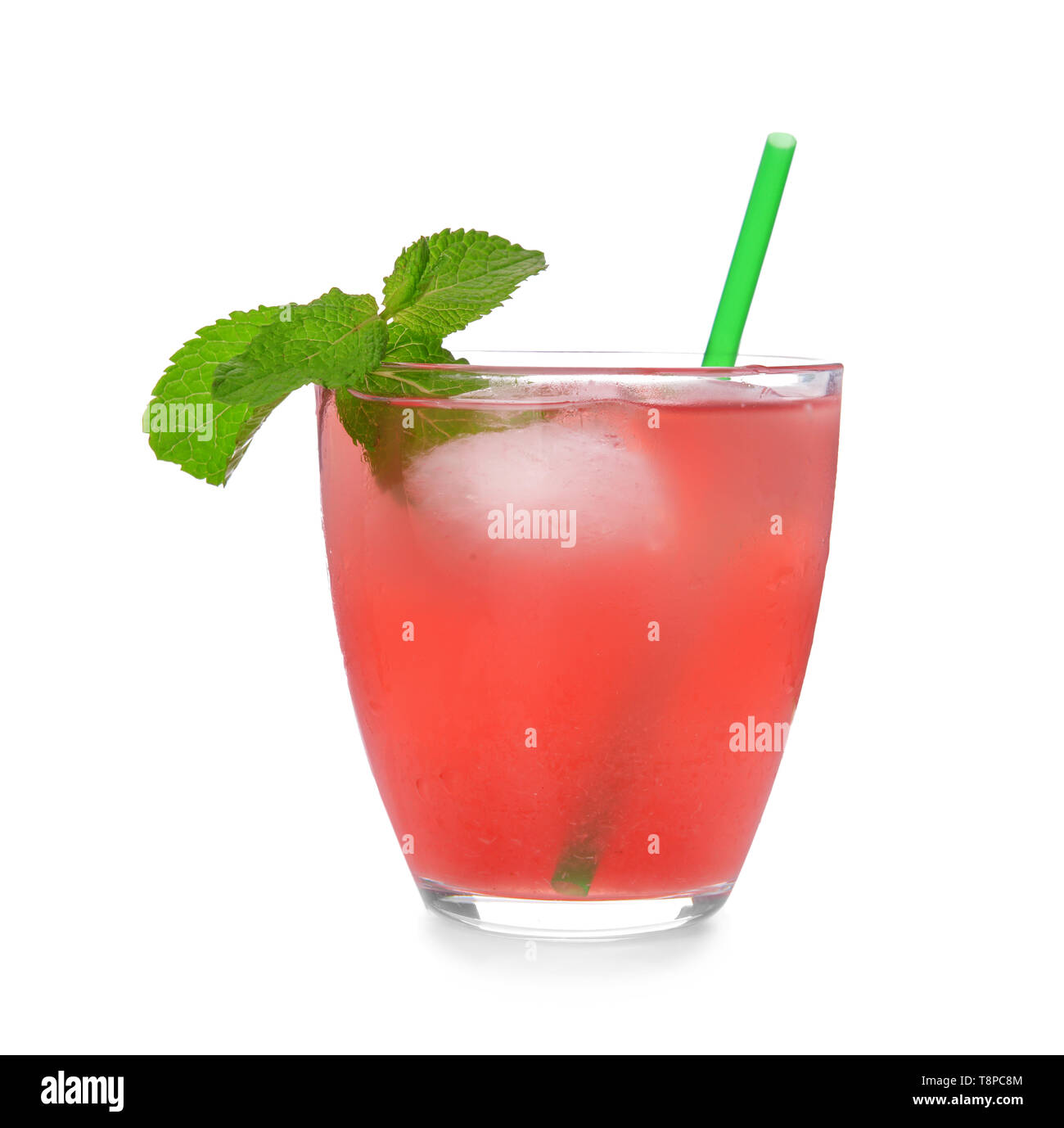 Glass of fresh watermelon lemonade on white background Stock Photo - Alamy