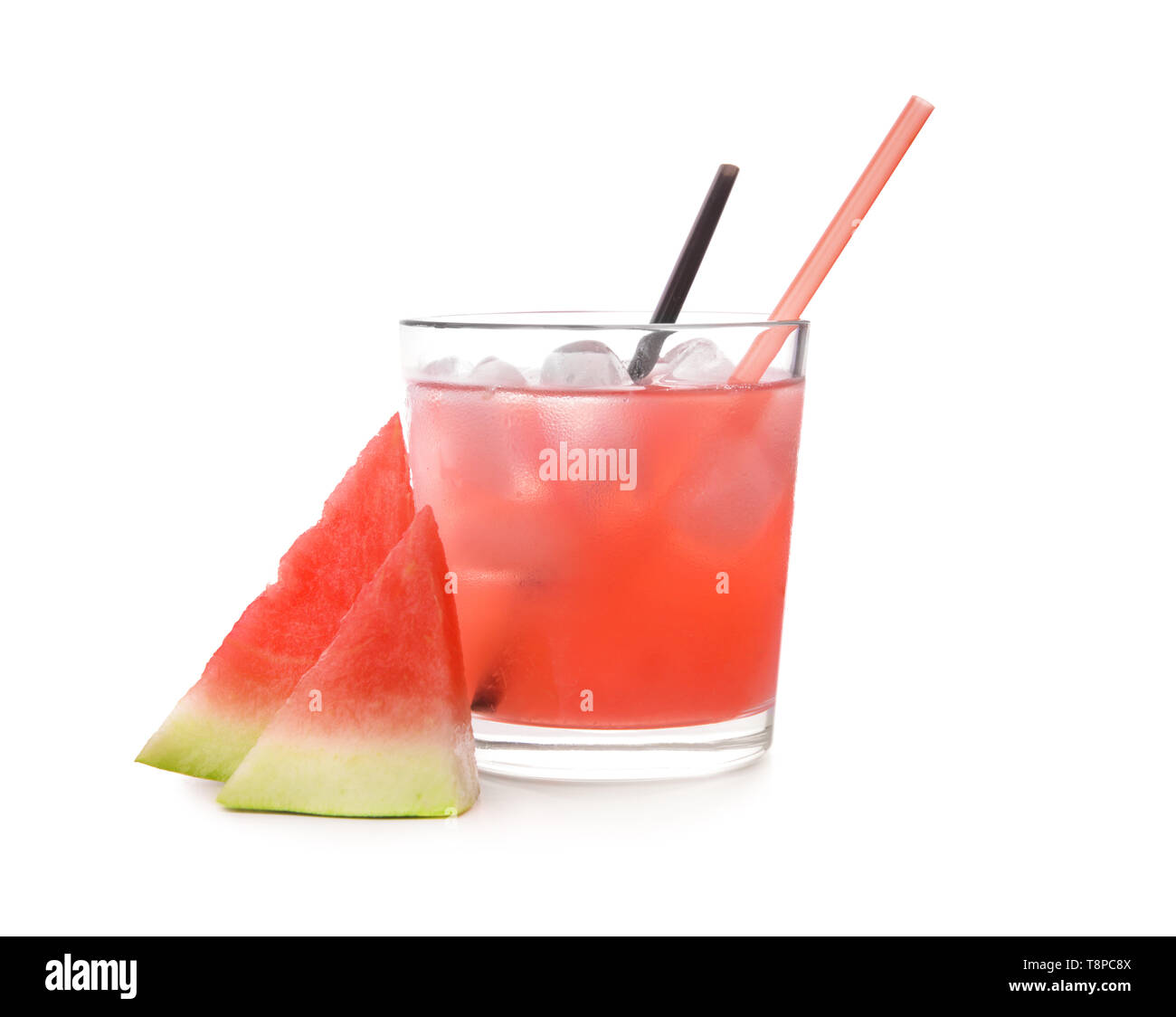 Glass of fresh watermelon lemonade on white background Stock Photo - Alamy