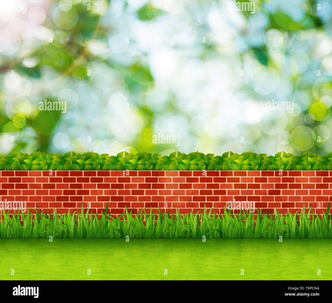 Garden background with brick wall and green grass Stock Photo - Alamy
