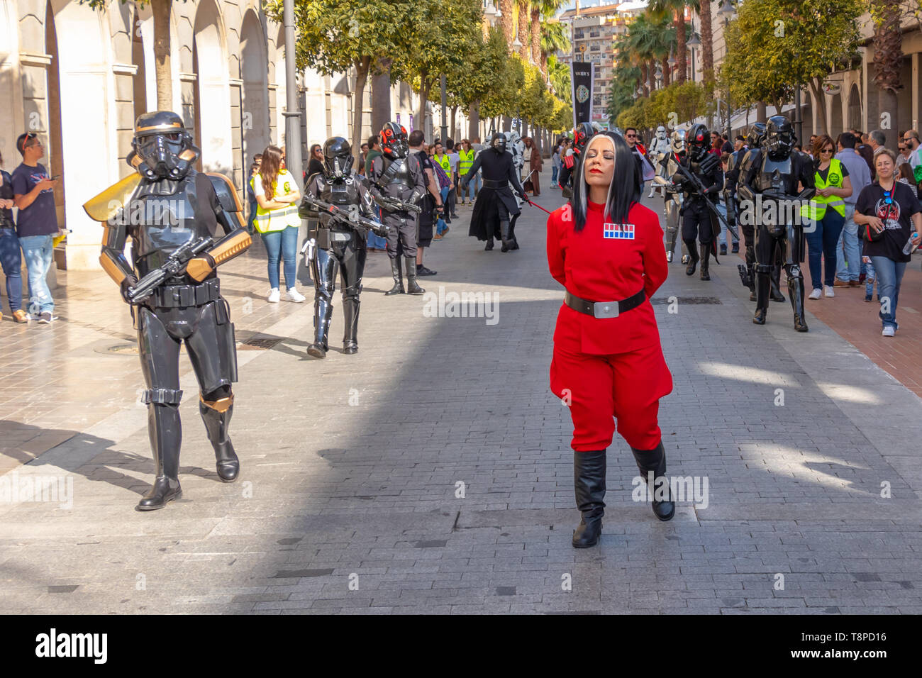 Huelva, Spain - May 5, 2019: Parade of a group of cosplayers at a comic ...