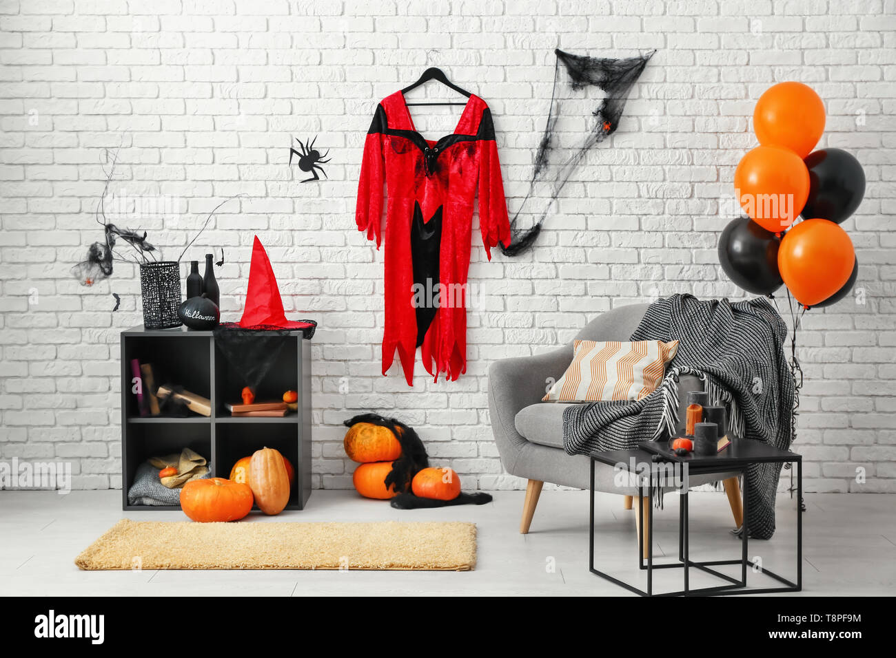 Interior of room decorated for Halloween party Stock Photo - Alamy
