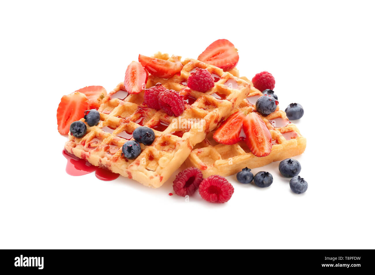 Delicious waffles with jam and berries on white background Stock Photo ...