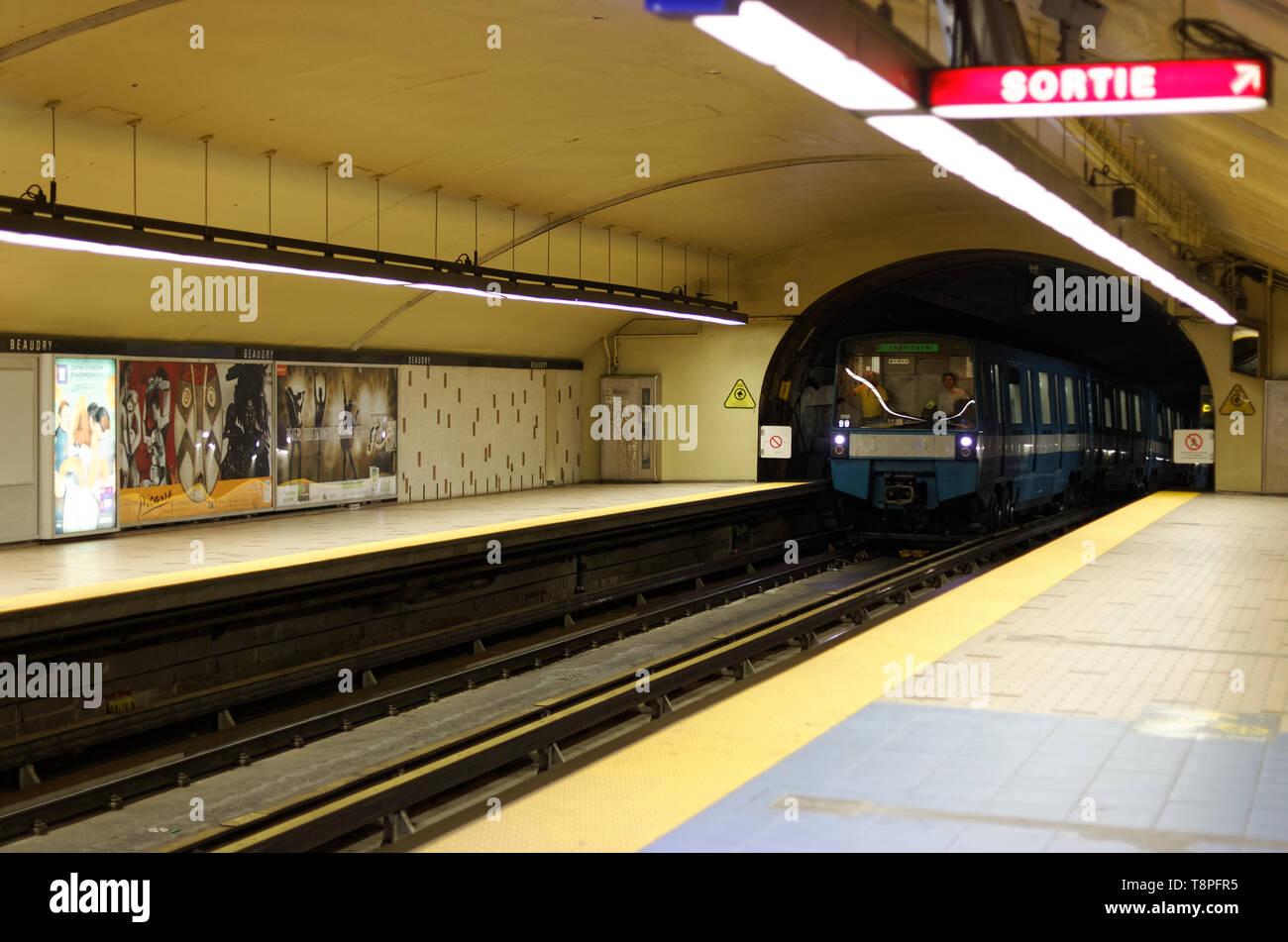 Quebec,Canada. A subway arriving at the Beaudry station in Montreal ...