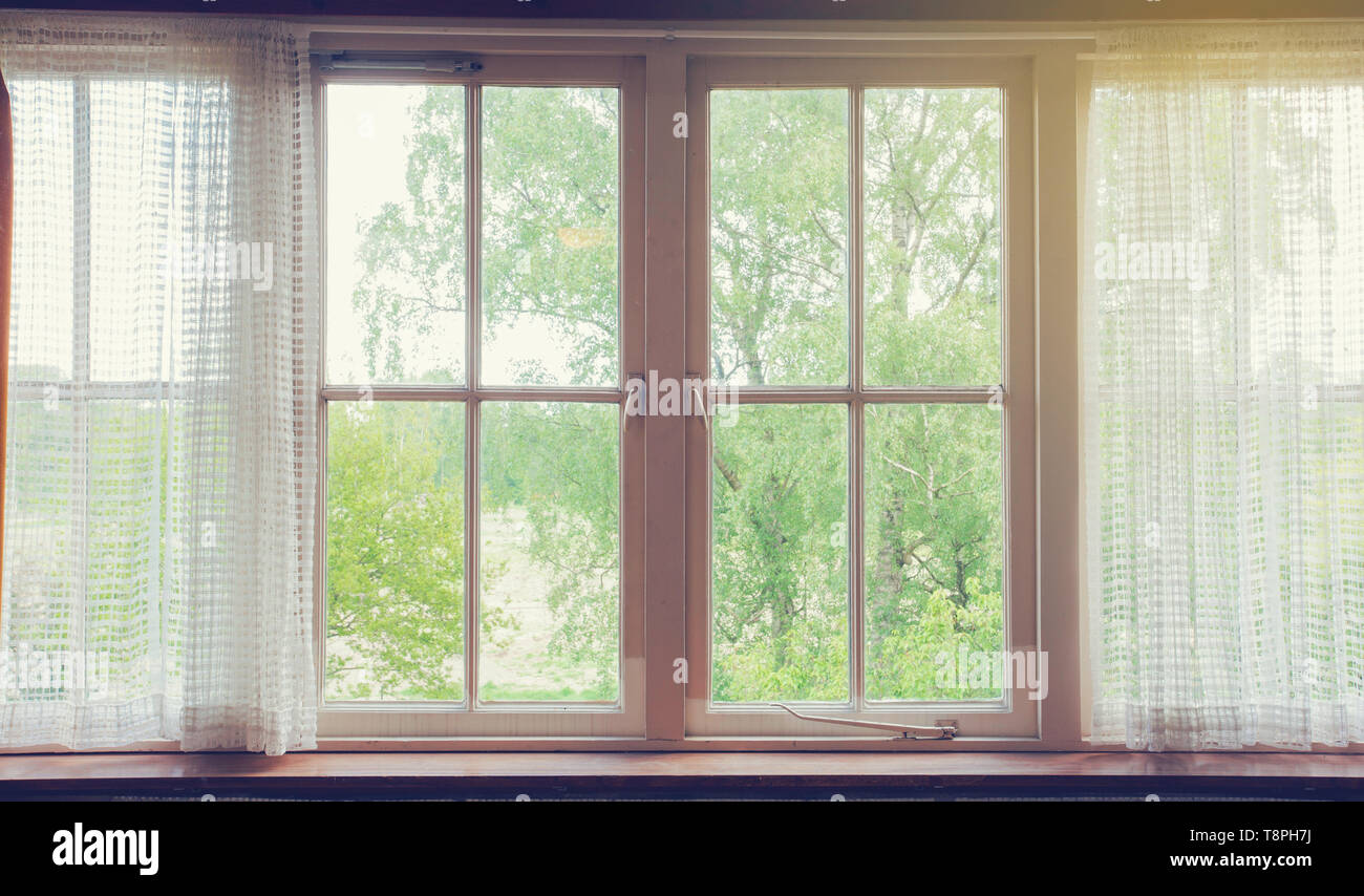 Window with curtains and green nature view , vintage design Stock Photo ...