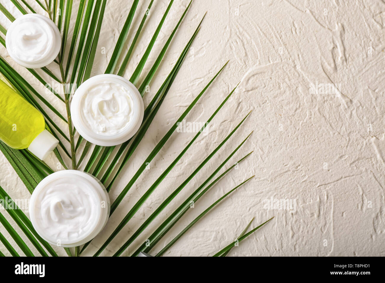 Flat lay composition with body cream on white textured background Stock ...