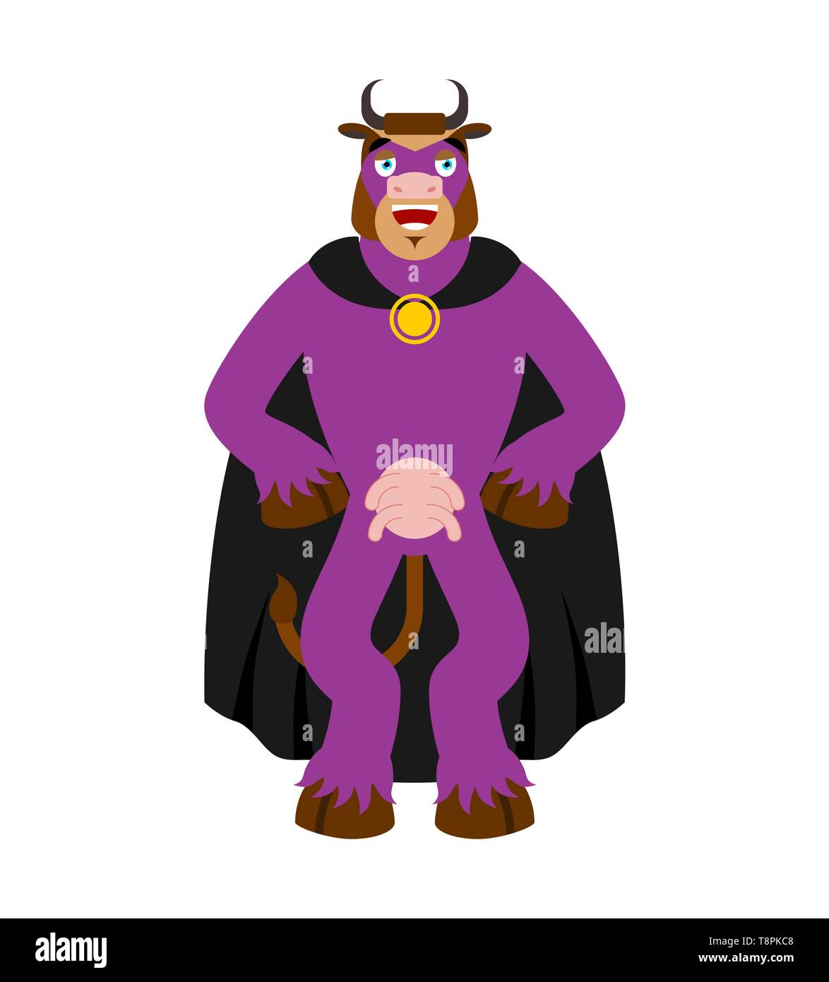 Cow superhero. Super farm animal in mask and raincoat. Strong bull ...