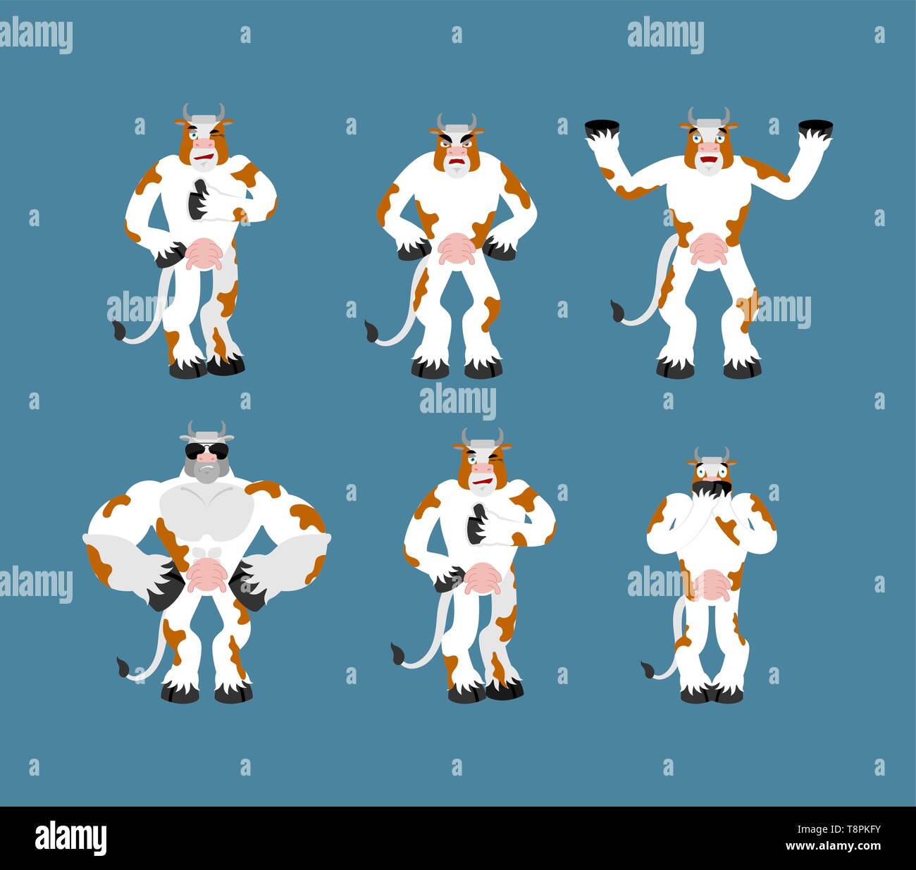 Cow set poses. Steed happy and yoga. Farm animal sleeping and angry ...