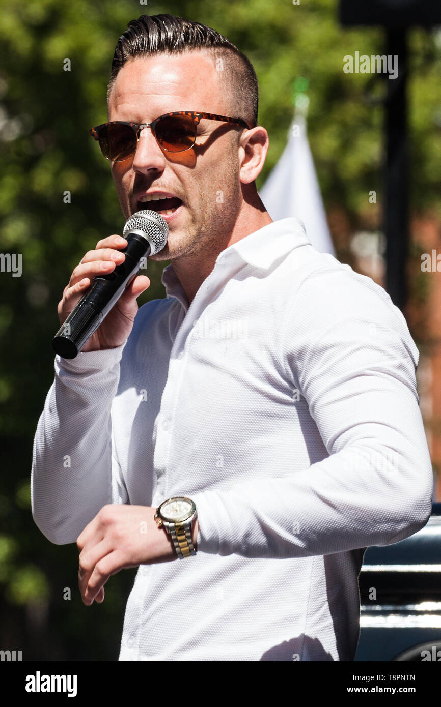 London, UK. 14 May, 2019. Danny Thomas, aka Danny Tommo, addresses ...