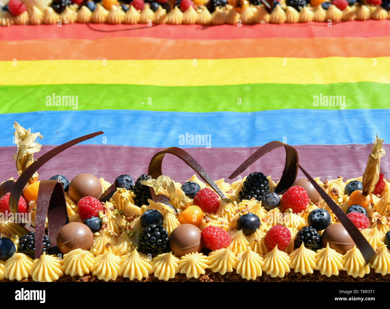 Berlin, Germany. 13th May, 2019. A rainbow cake at a press date. From ...