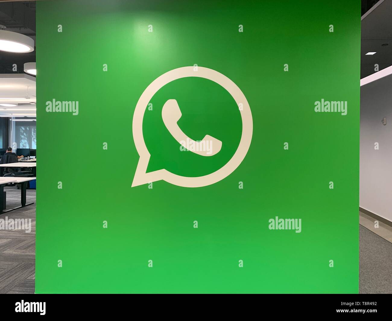 Menlo Park, USA. 08th May, 2019. The logo of the messaging app WhatsApp ...