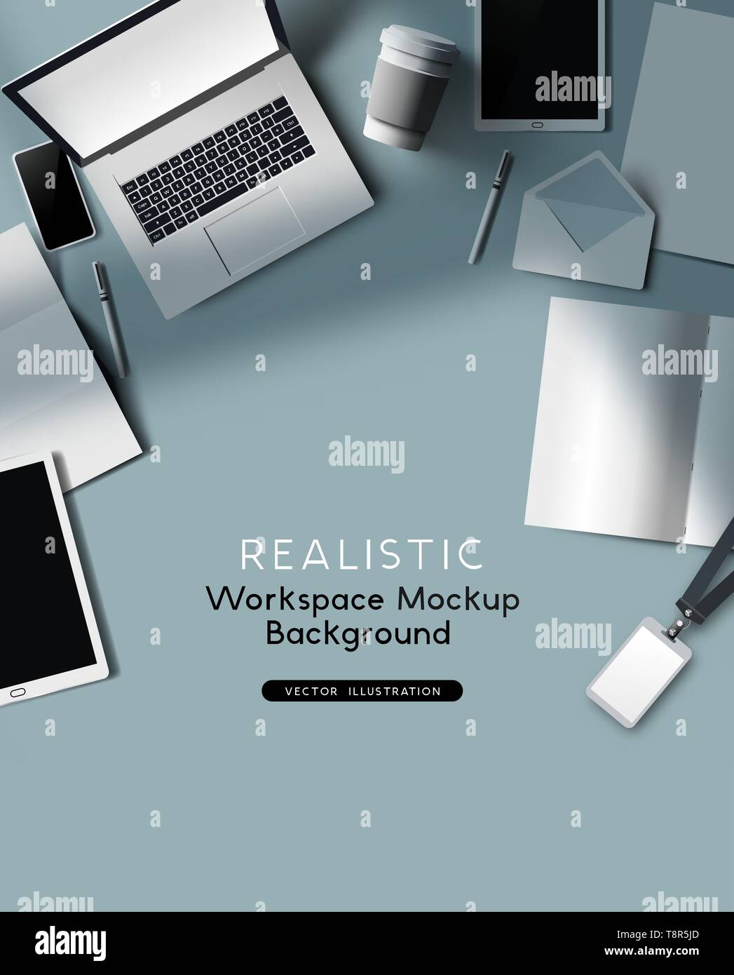 A realistic vector workspace top view background with laptop and work ...